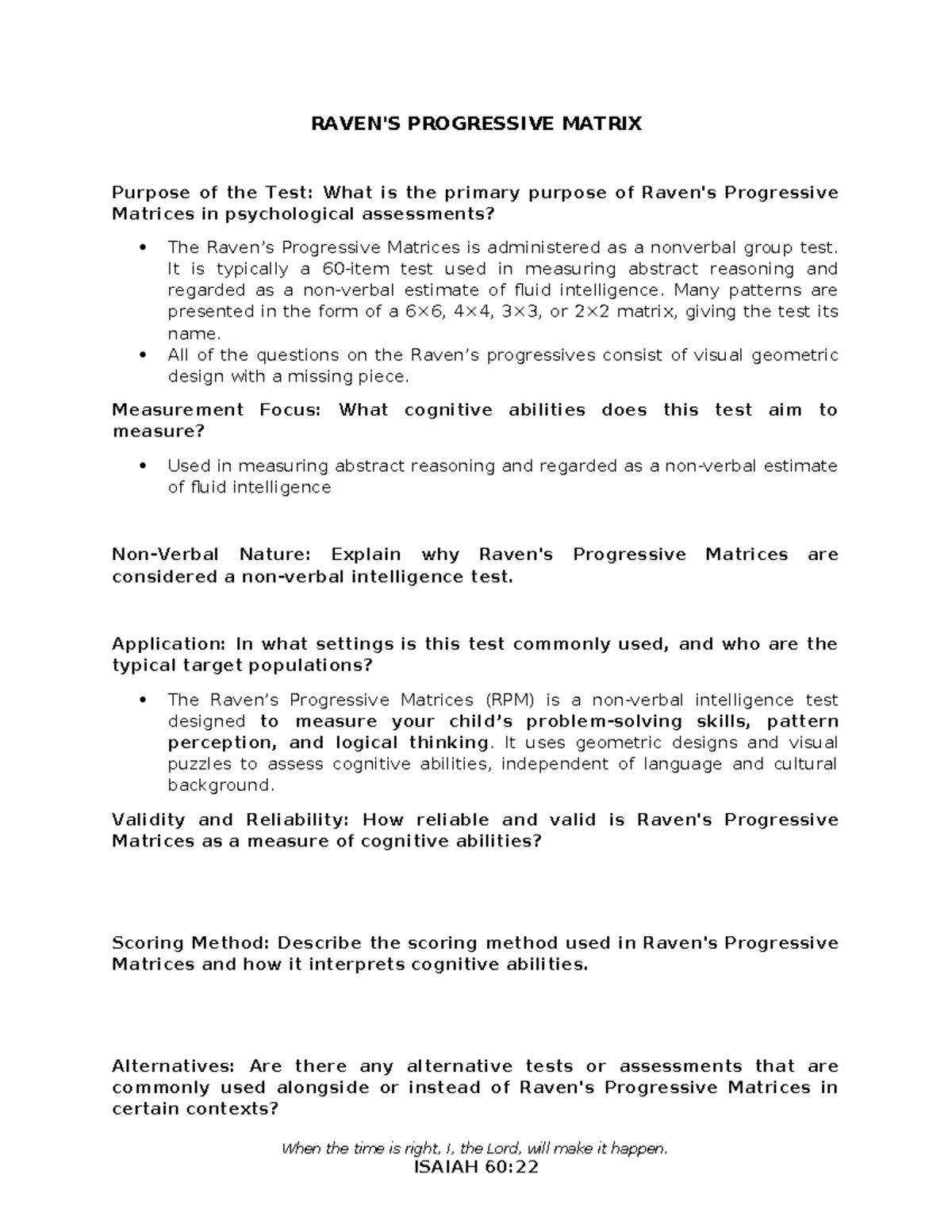 Tests by Me - Psychological assessment - RAVEN'S PROGRESSIVE MATRIX ...