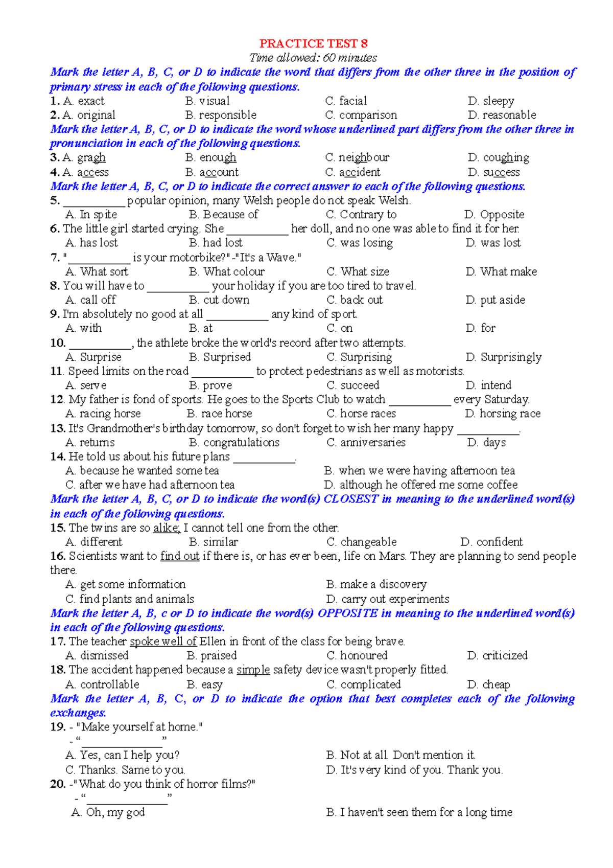 Practice TEST 08.CHI TIẾT - PRACTICE TEST 8 Time allowed: 60 minutes ...