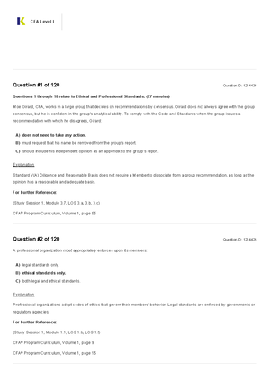 V2 Exam 2 PM - CFA Level I - Question #1 of 120 Question ID: 1214789 A ...