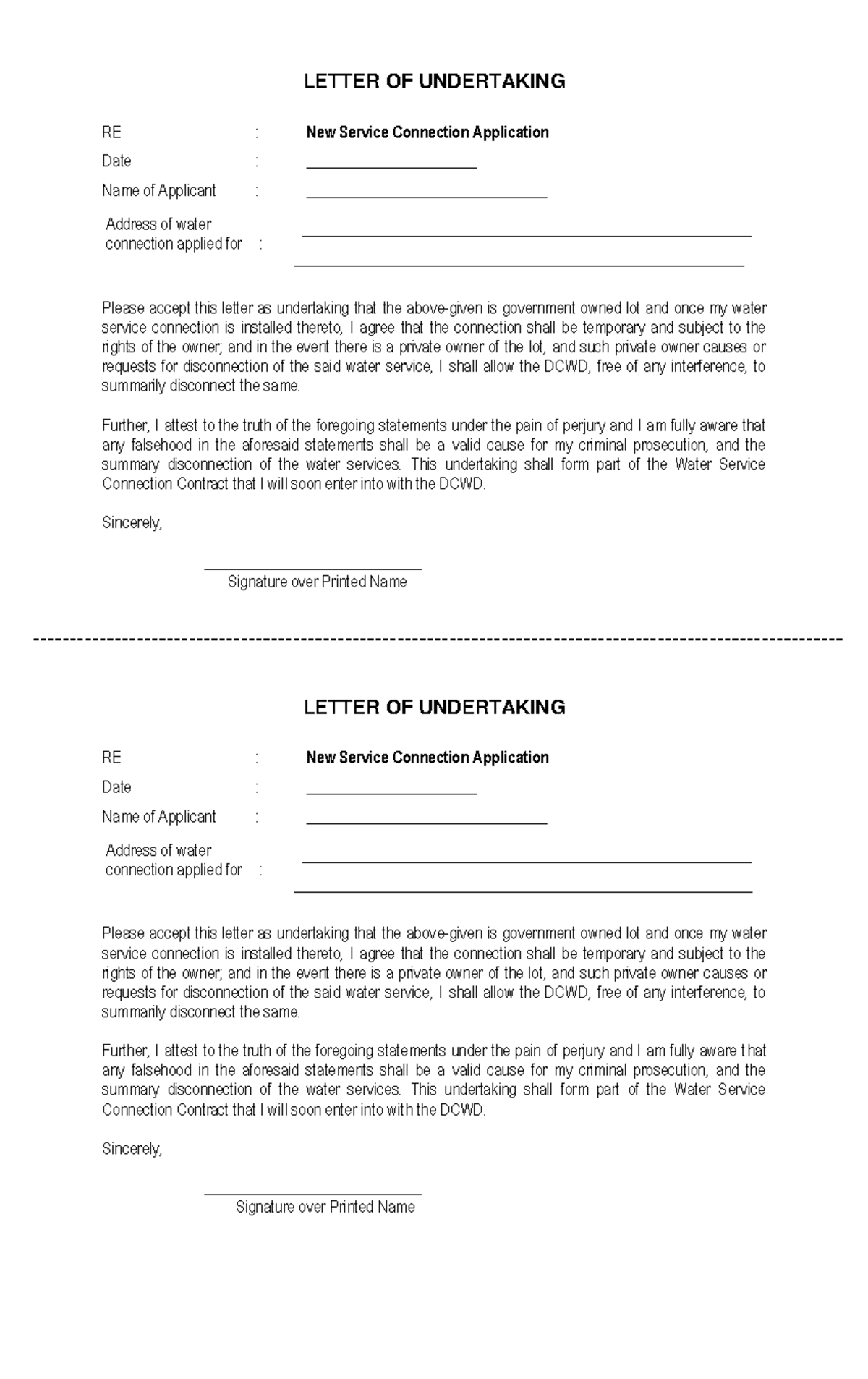 Letter of Undertaking (Govt Lot) - Address of water connection applied ...