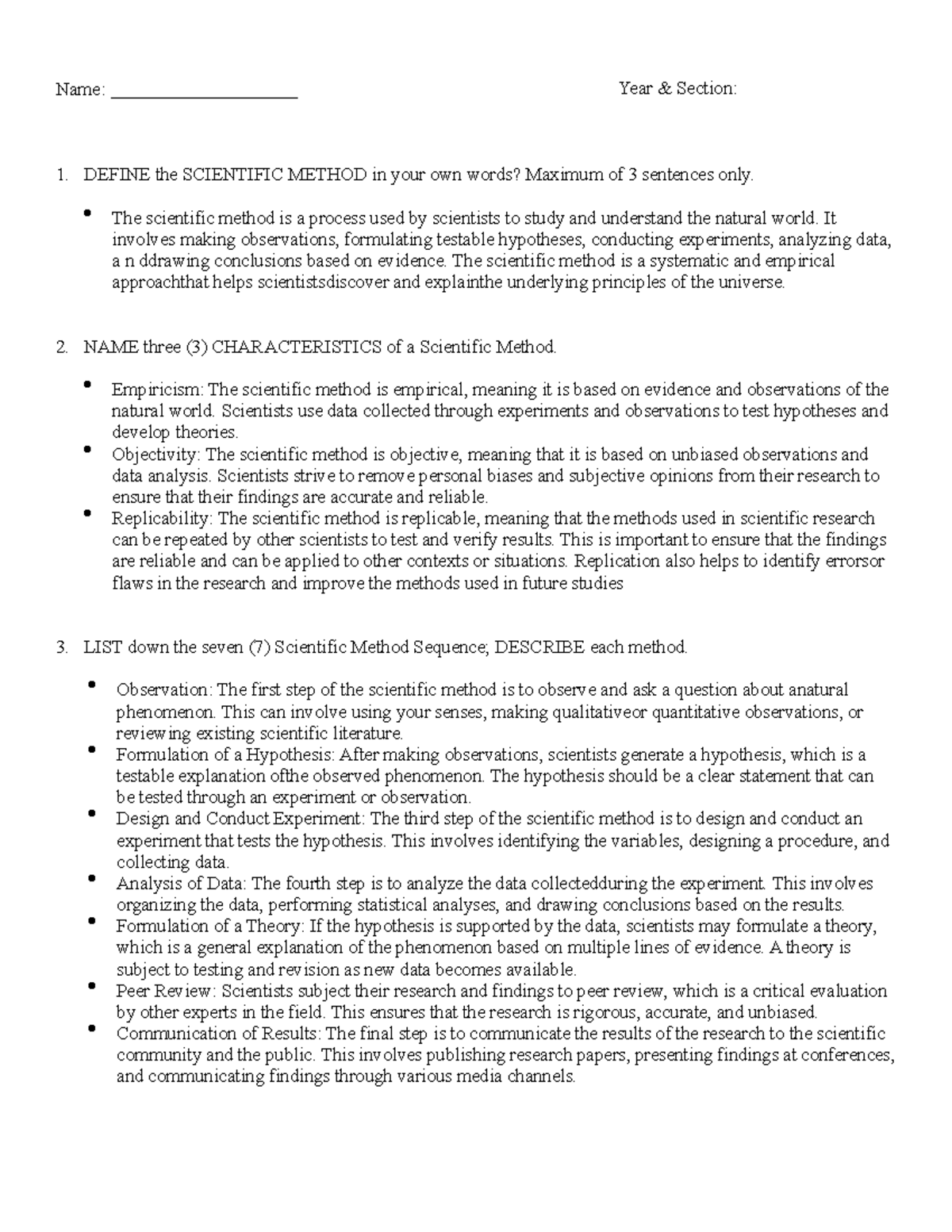 STS - STS - Name: ____________________ Year & Section: DEFINE the SCIENTIFIC METHOD in your own ...