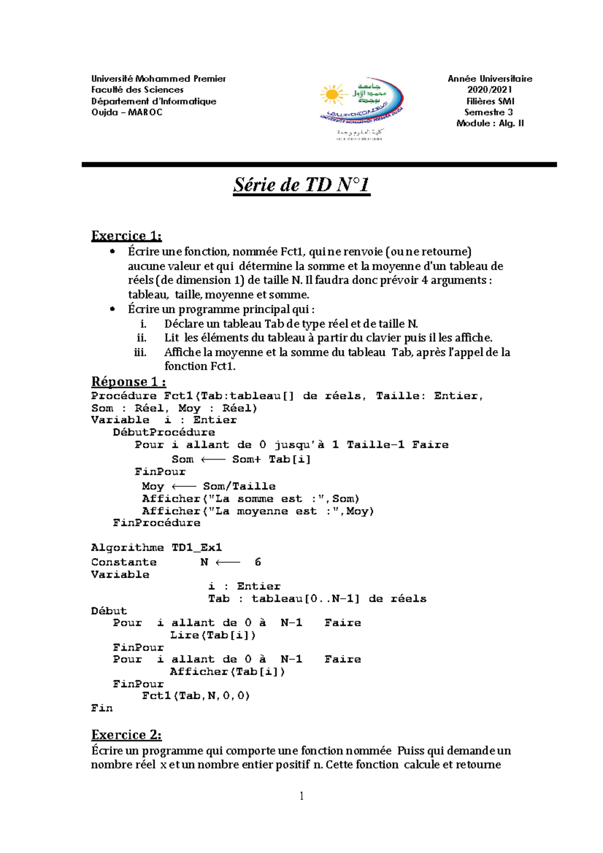 Algorithmique-Correction TD Série 1 SMI-S3 - - Studocu