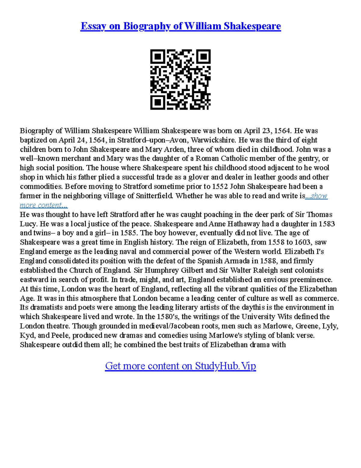 Biographical Essay Example - Essay on Biography of William Shakespeare ...