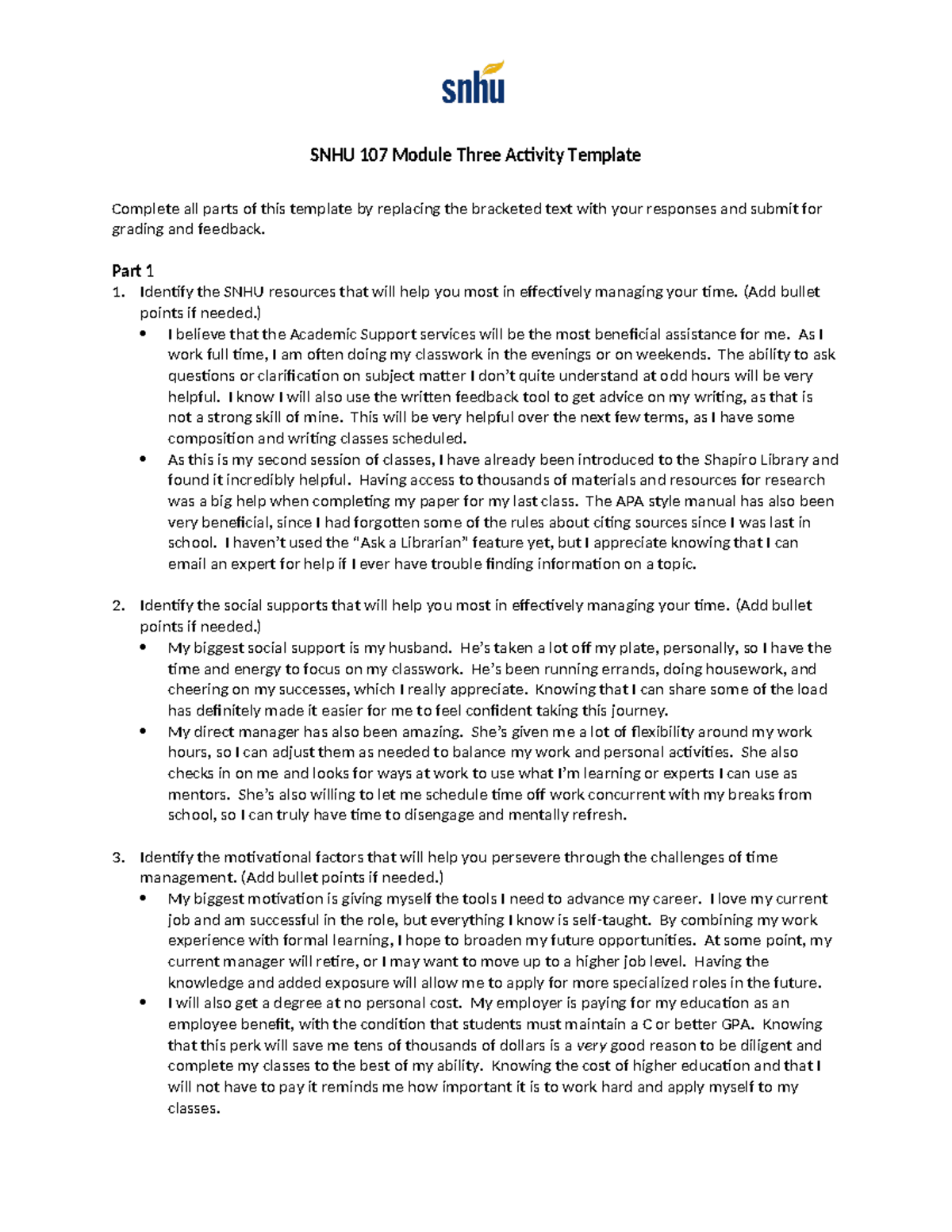 SNHU 107 Module Three Activity - Part 1 1. Identify the SNHU resources ...