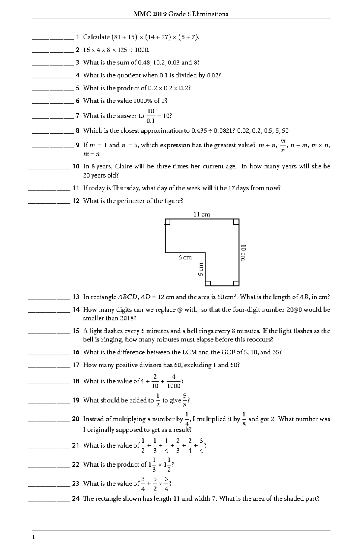 Gr6mmc2019 - Math Review - MMC 2019 Grade 6 Eliminations ____________ 1 ...