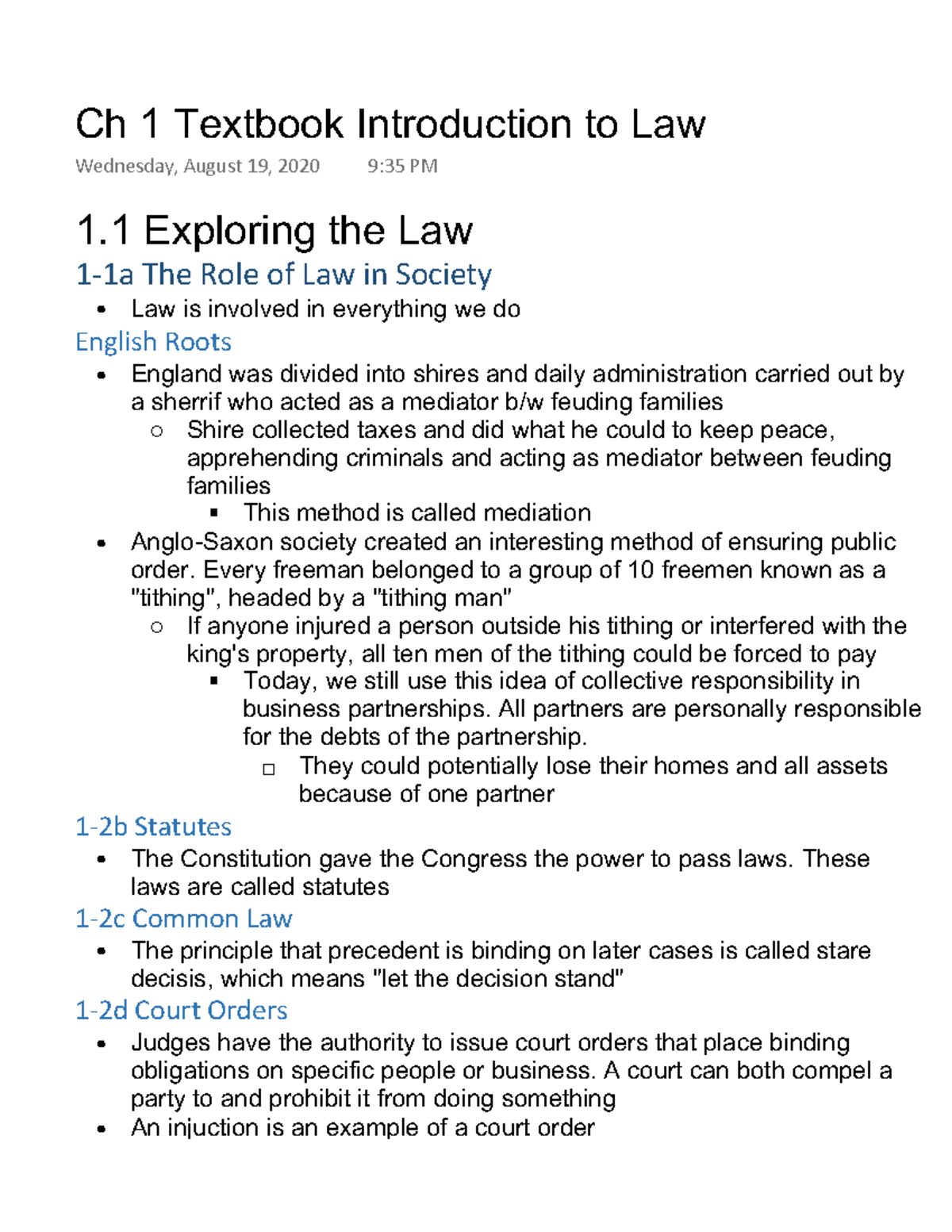 Ch 1 Textbook Introduction to Law - 1 Exploring the Law 1-1a The Role ...