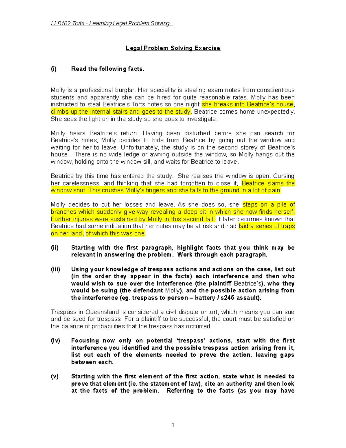 LLB102 Legal Problem Solving Exercise - LLB102 Torts - Learning Legal ...