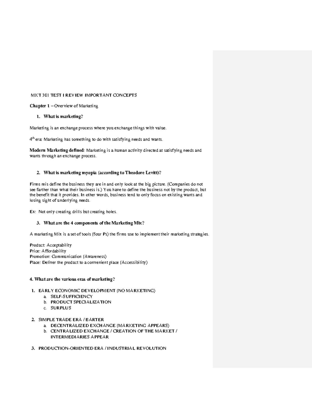 MKT 301 TEST I Review Important Concepts 2 - MKT 301 TEST I REVIEW ...