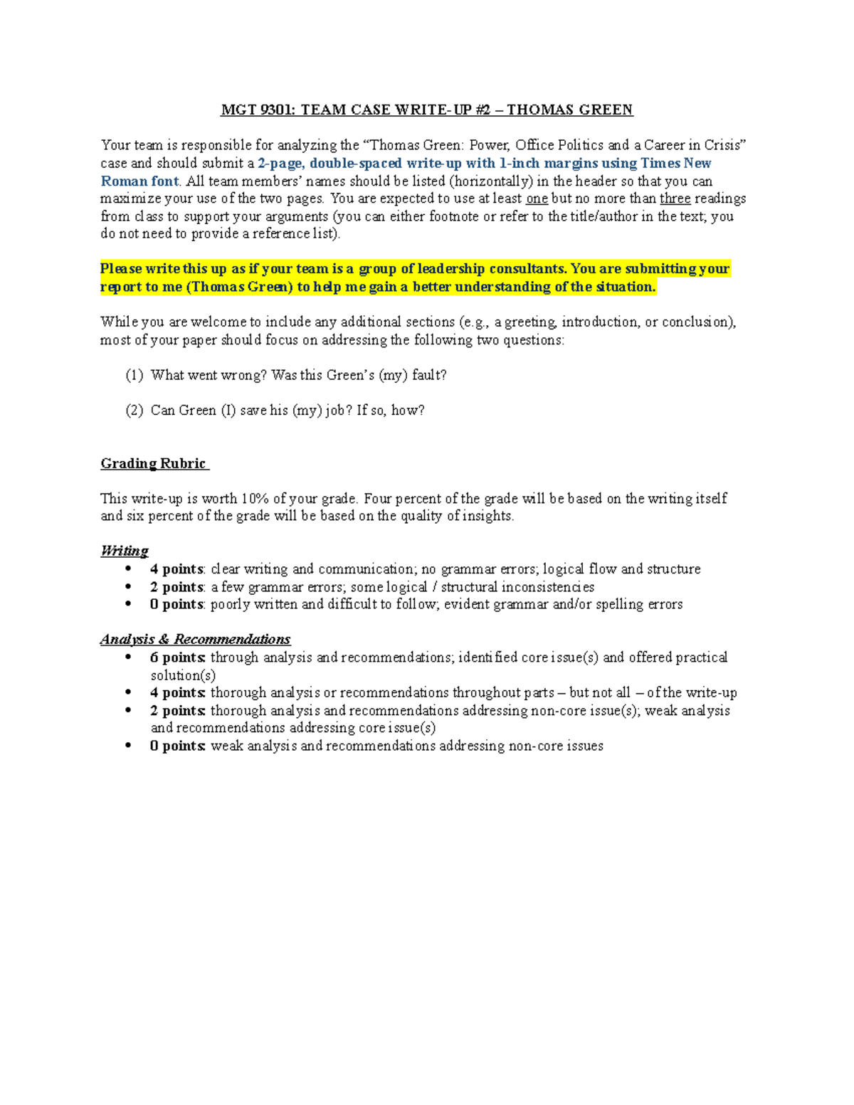 Team Case Write-Up #2 - Thomas Green Instructions - MGT 9301: TEAM CASE ...
