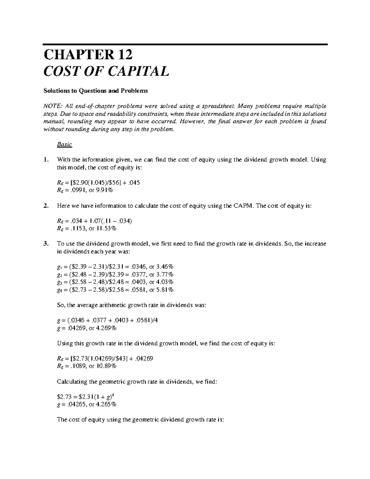 Ch12 - Ch12 exercise - CHAPTER 12 COST OF CAPITAL Solutions to ...