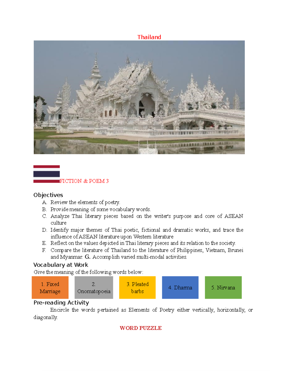 Asean LIT 12 - Thailand FICTION & POEM 3 Objectives A. Review the ...