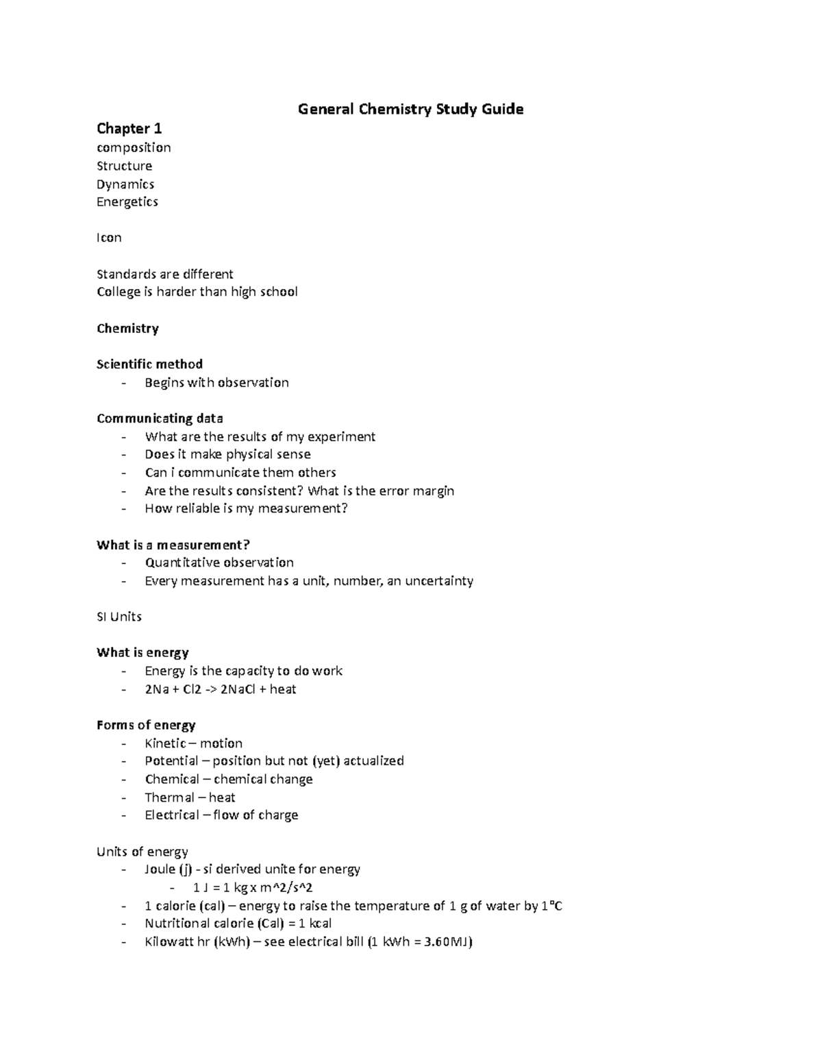 General Chemistry Study Guide - General Chemistry Study Guide Chapter 1 ...