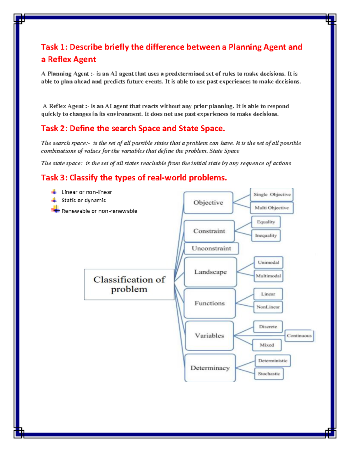 AI - yyyy - Task 1: Describe briefly the difference between a Planning ...