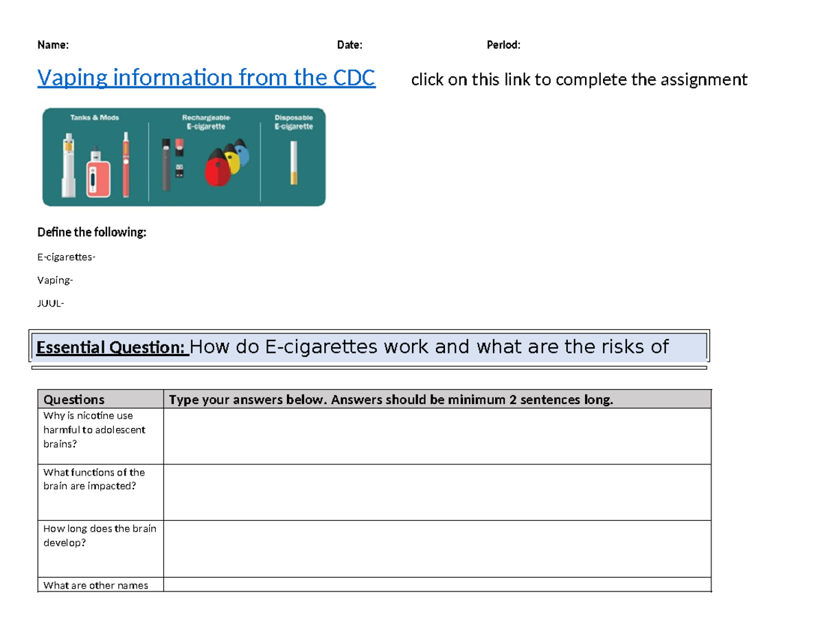 Vaping CDC article assignment - Name: Date: Period: Vaping information ...