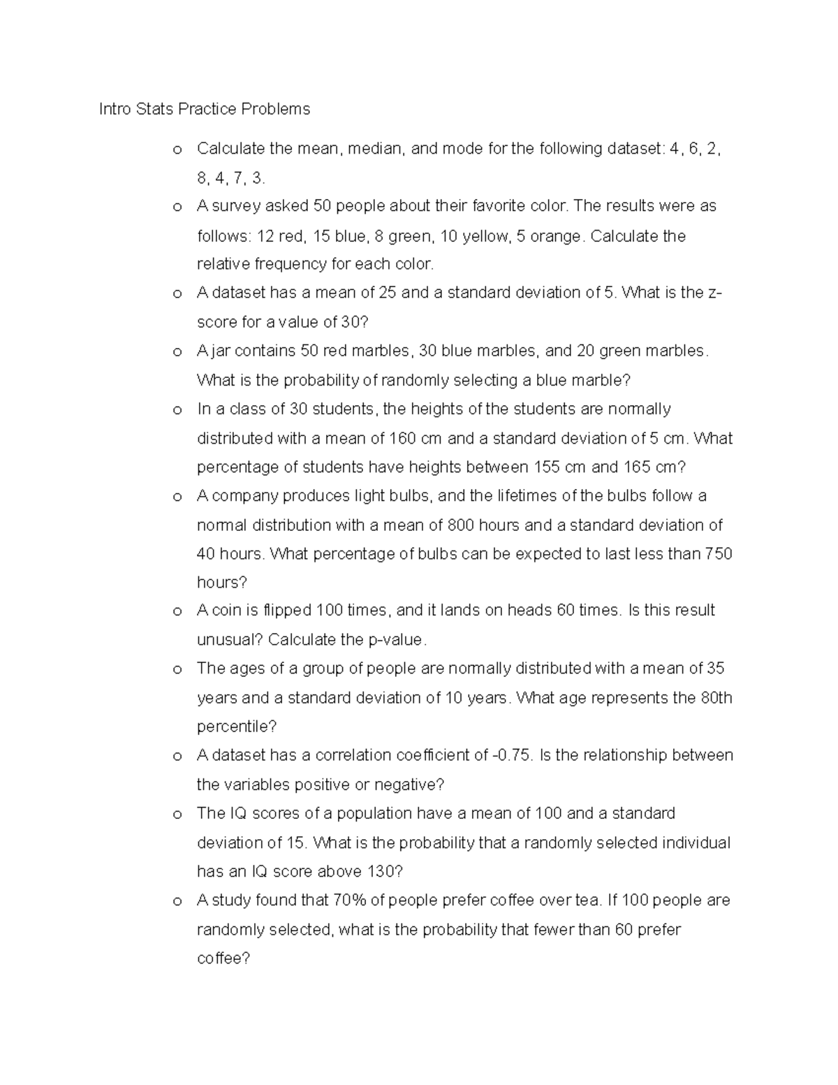 Intro Stats Practice Problems Lecture 1 Intro Stats Practice Problems O Calculate The Mean