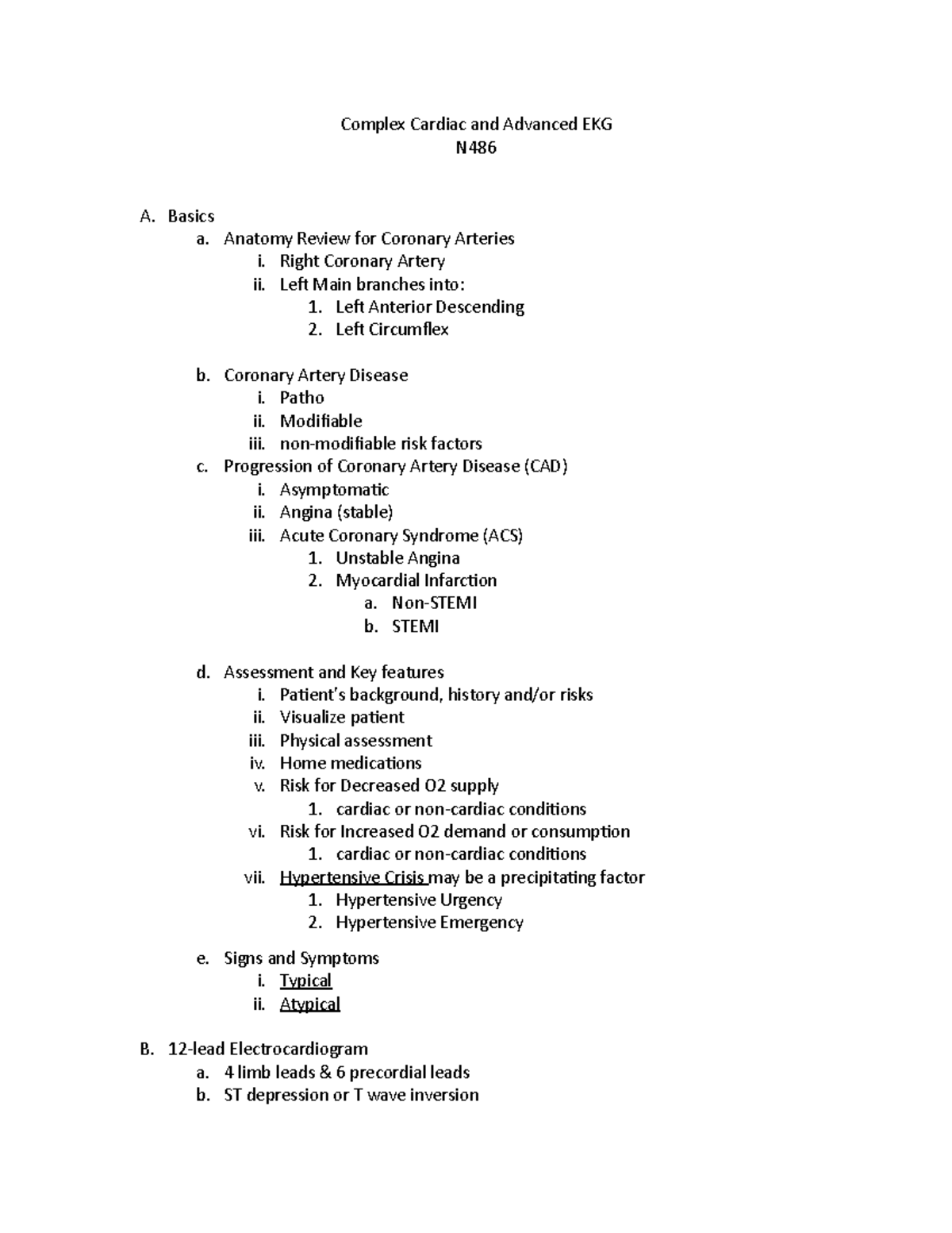 Complex Cardiac and Advanced EKG Outline 2023 - Complex Cardiac and ...