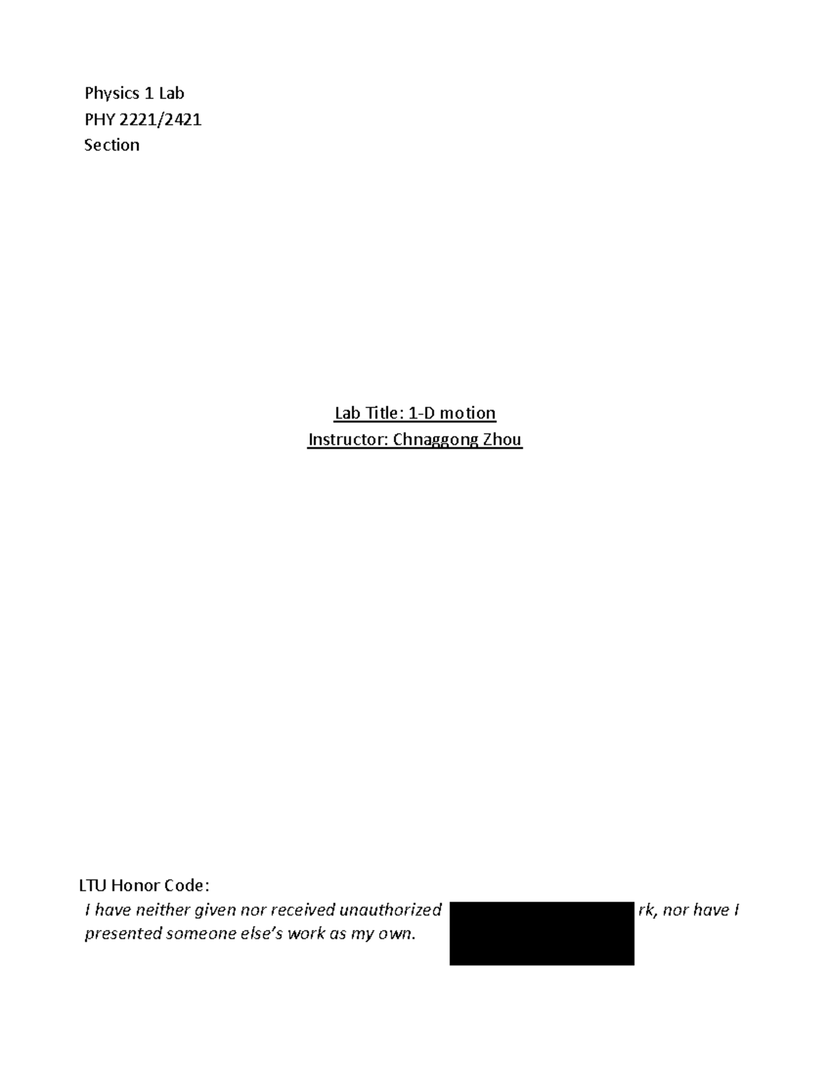 PHY 1 l AB 2 - lab 2 - Physics 1 L ab PHY 22 21/ Section Lab Title: 1-D ...