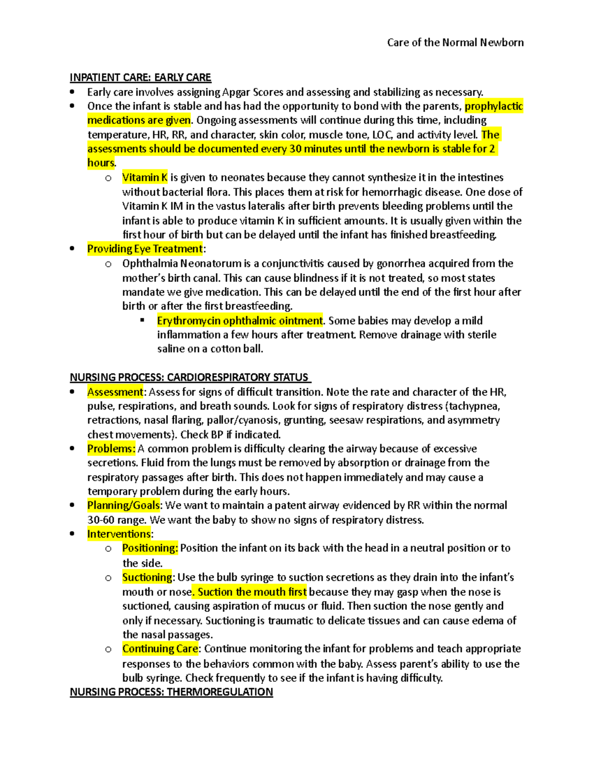 Care of the Normal Newborn Outline - INPATIENT CARE: EARLY CARE Early ...