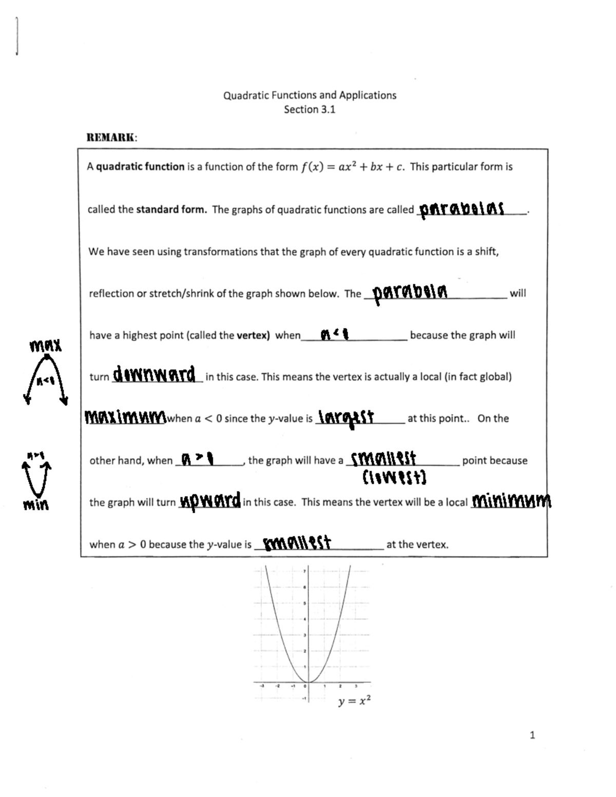 Math112 Inverse Functions And Transformations Parabolas Parabola A O M•9x No Downward