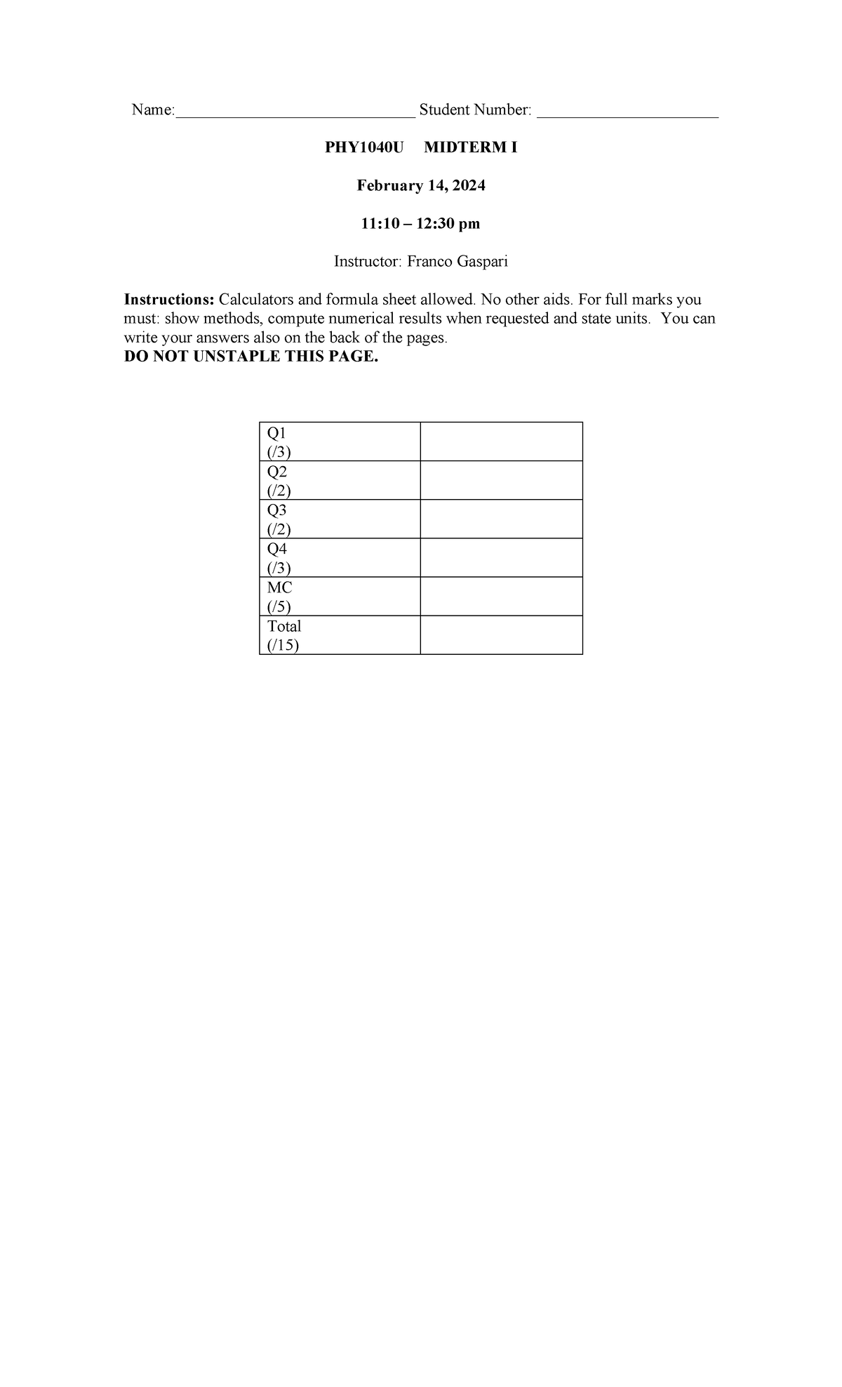 Midterm 1 Solution 2024 Name Student