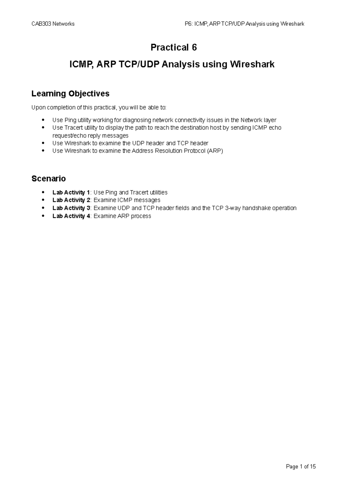 CAB303 Prac6 ARP ICMP TCP UDP Analysis Solutions v1 - Practical 6 ICMP, ARP TCP/UDP Analysis ...