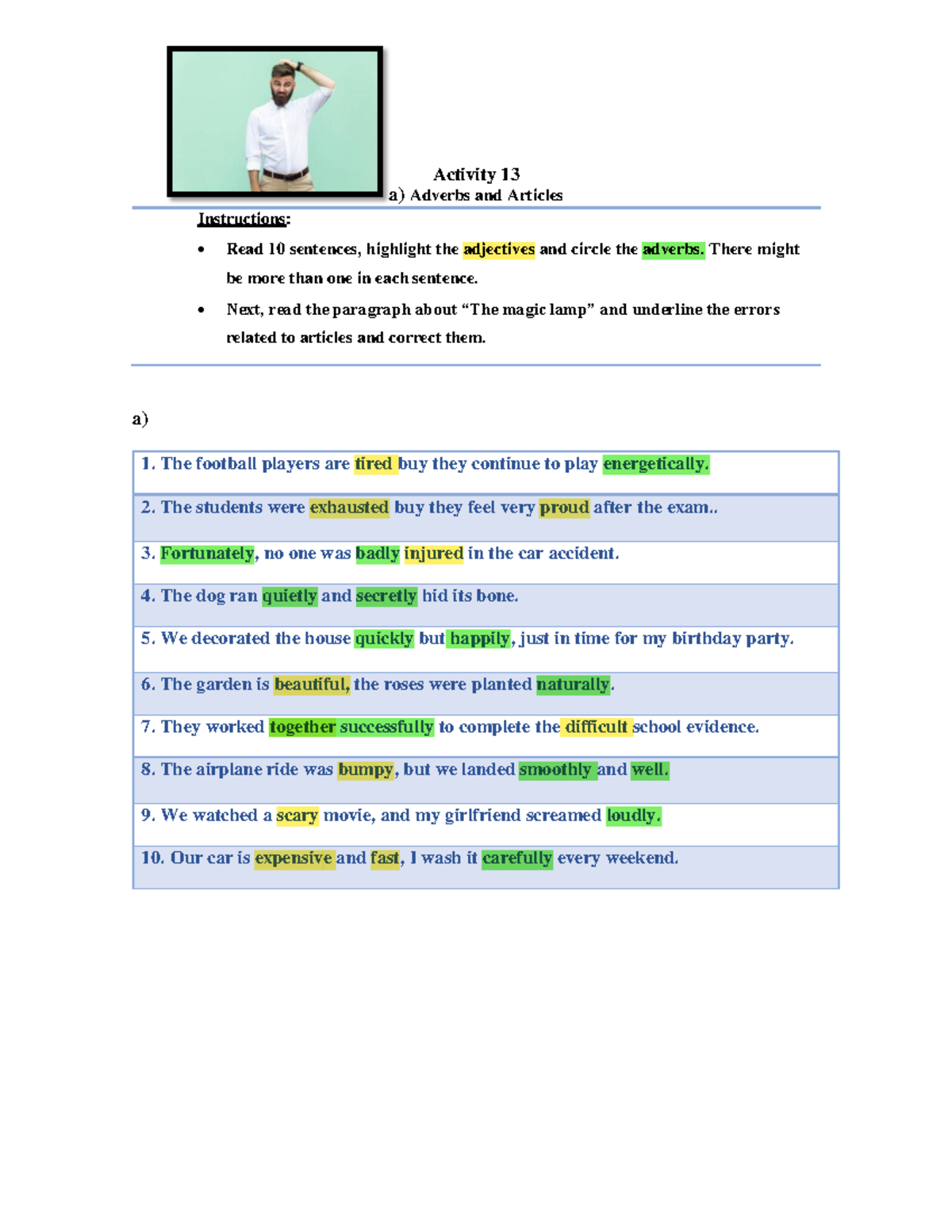 Activity 13 Contestado - Activity 13 a) Adverbs and Articles ...