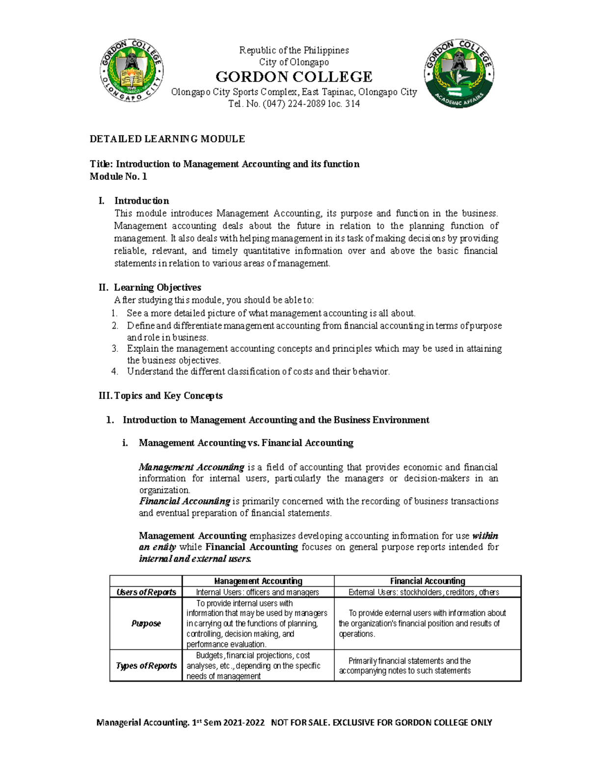 Module 1. Introduction to Management Accounting and its function - City ...