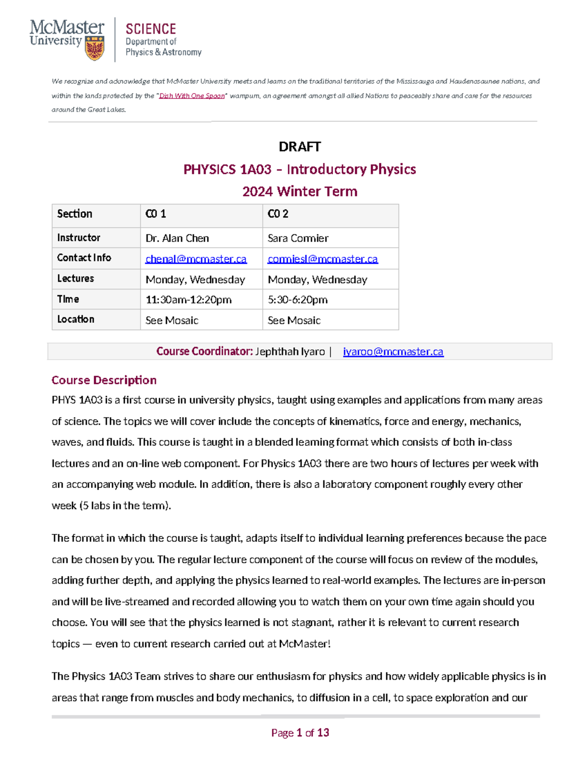 Physics 1A03 course outline – Introductory Physics - Winter 2024 - We ...