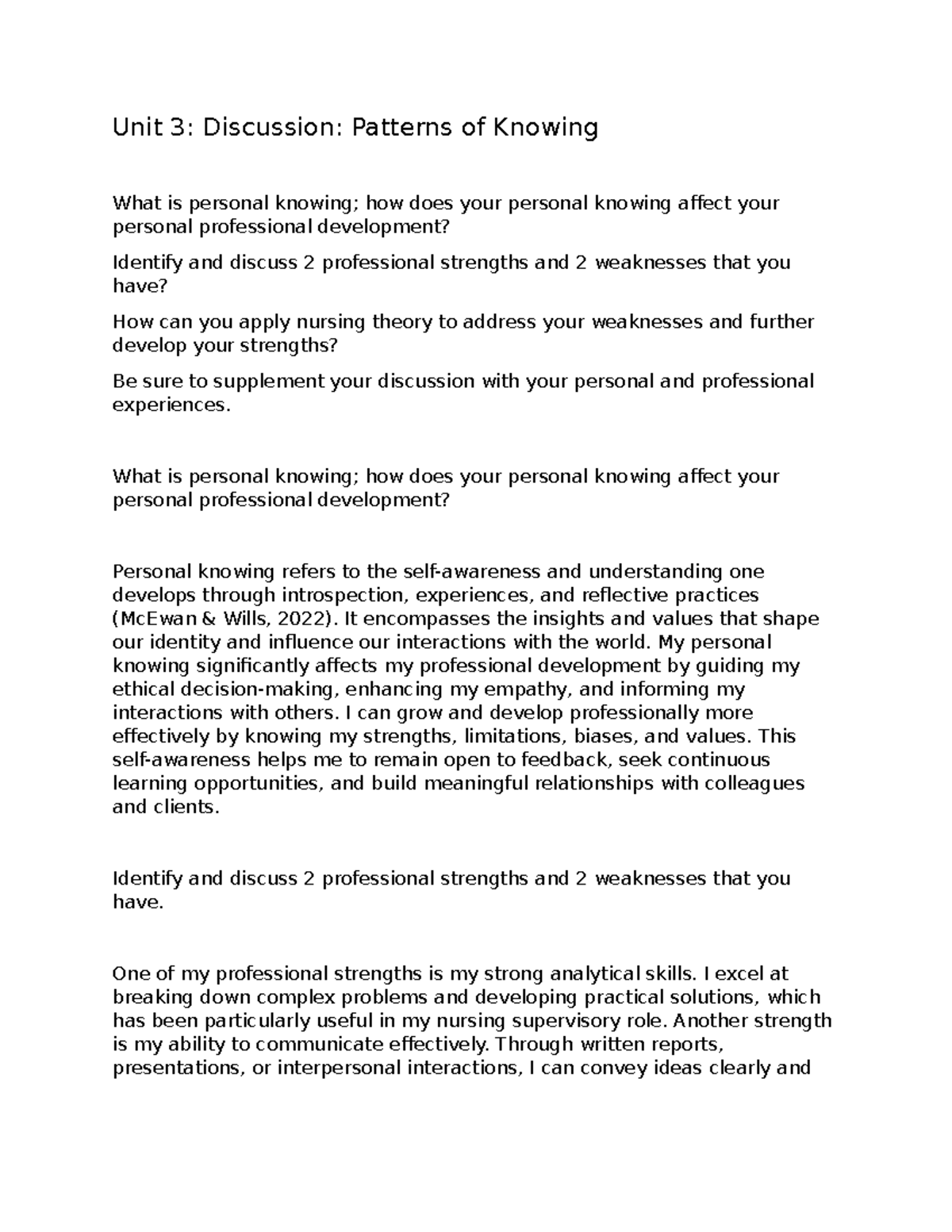 Unit 3: Discussion:2 Patterns of Knowing instructions with initial post ...