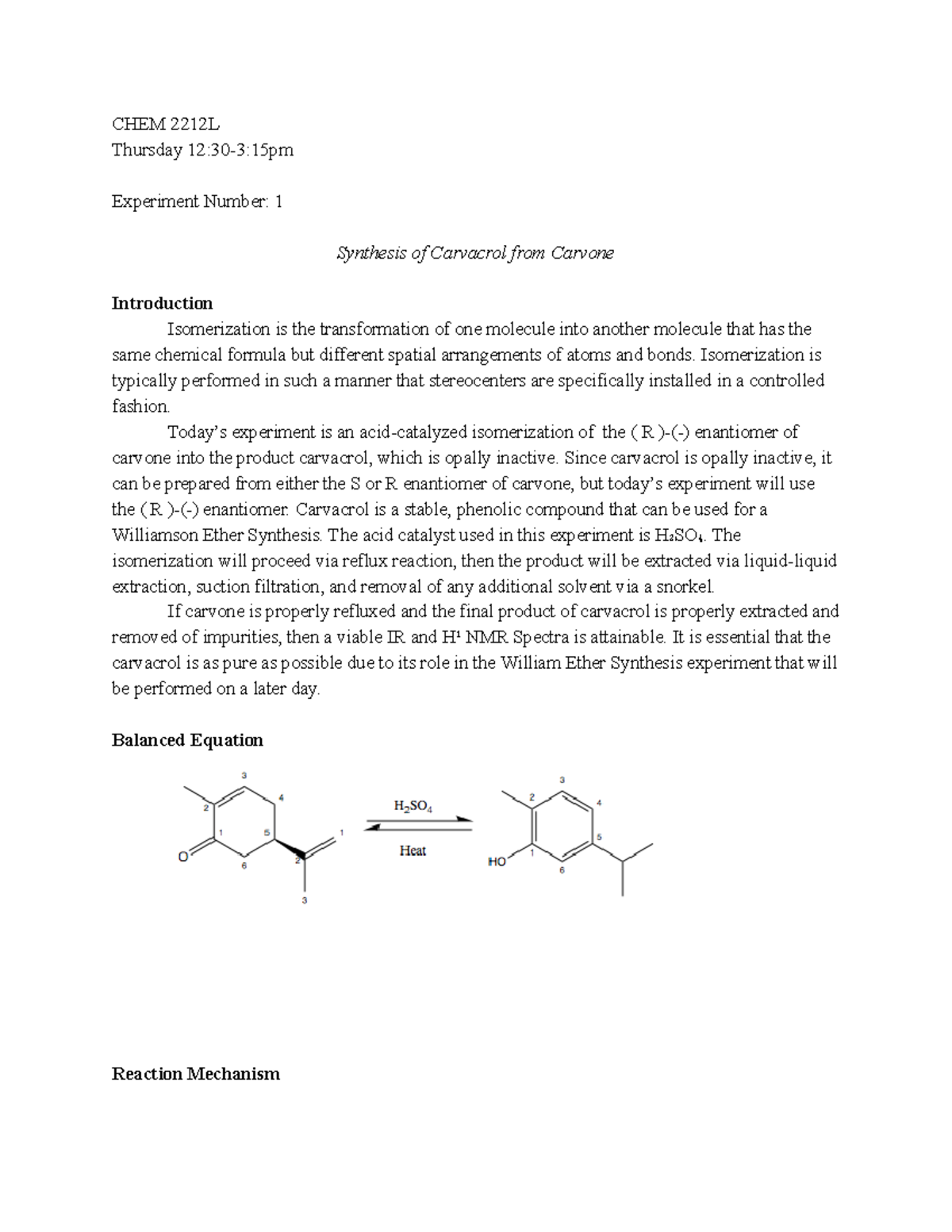 Pre-lab 1 org 2 - Synthesis of Carvacrol from Carvone Pre-Lab - CHEM ...