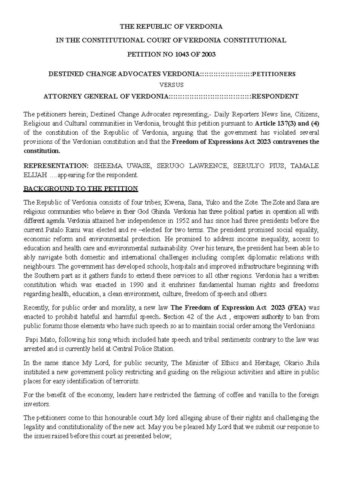 Moots 1 Defence Facts AND Issue 1 - THE REPUBLIC OF VERDONIA IN THE ...