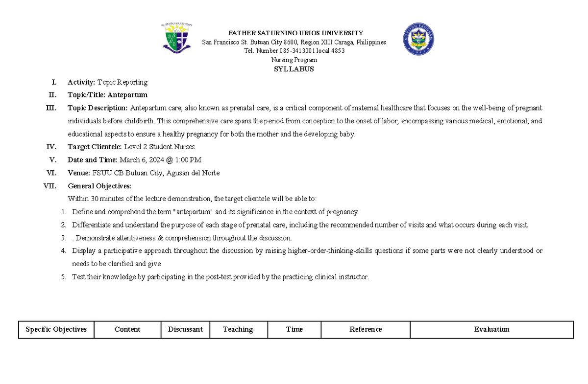 Syllabus Report - FATHER SATURNINO URIOS UNIVERSITY San Francisco St ...