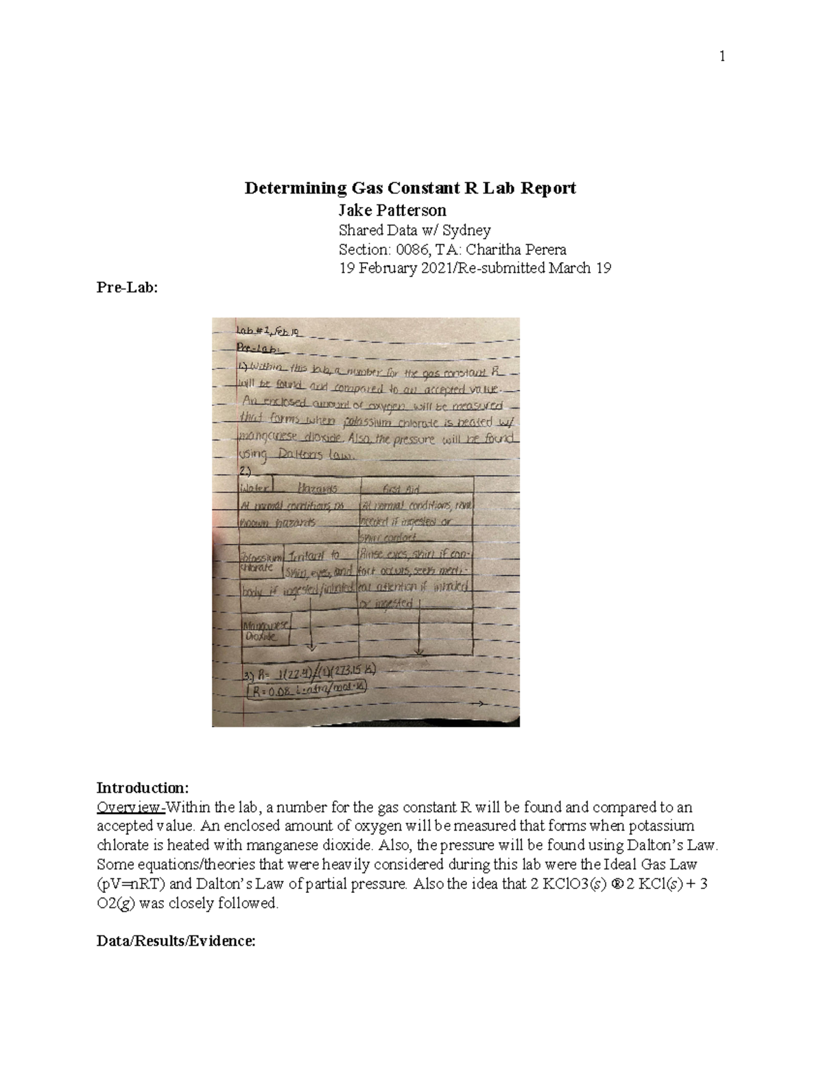 Chem Gas Constant Lab Report-2 - 1 Determining Gas Constant R Lab ...