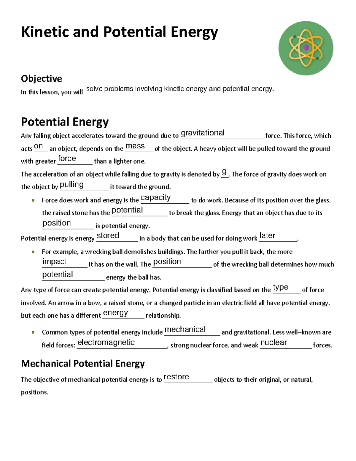 Kinetic and Potential Energy Guided Notes - Kinetic and Potential ...