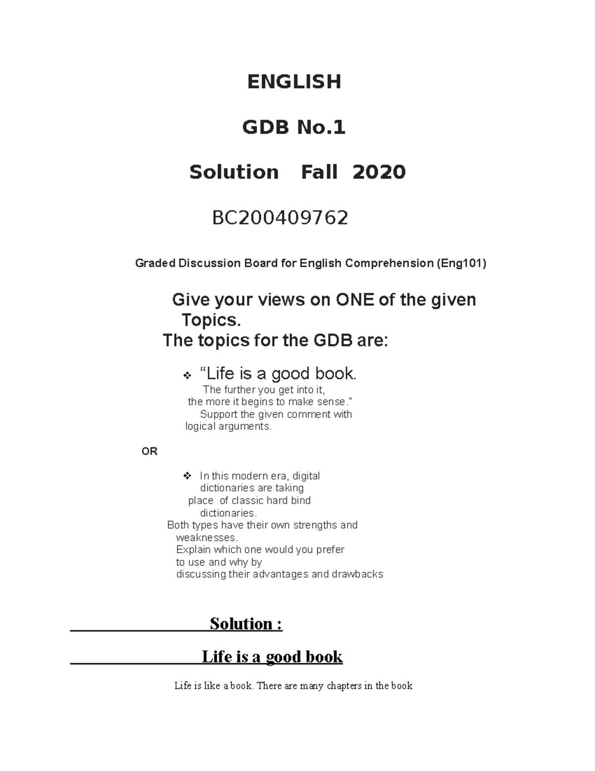 ENG - q/a - ENGLISH GDB No. Solution Fall 2020 BC Graded Discussion ...