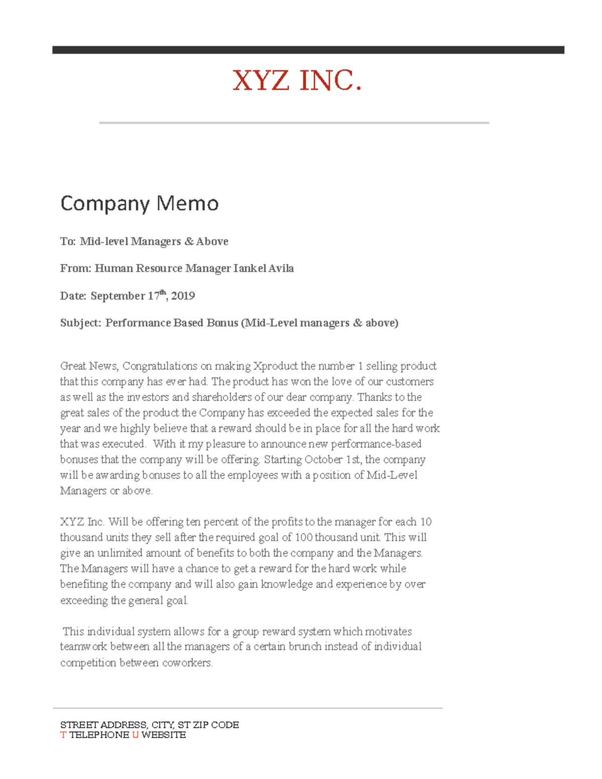 Communications Management Memo 1 - XYZ INC. Company Memo To: Mid-level ...