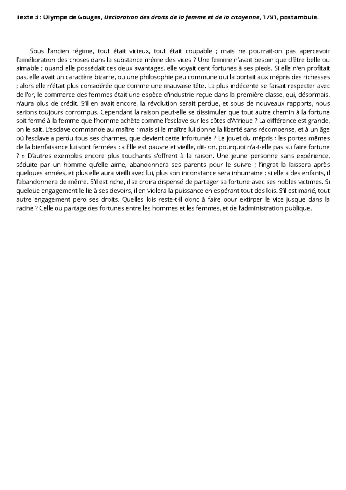 Texte 1 Vénus anadyomène (12) - Texte 3 : Olympe de Gouges, Déclaration ...