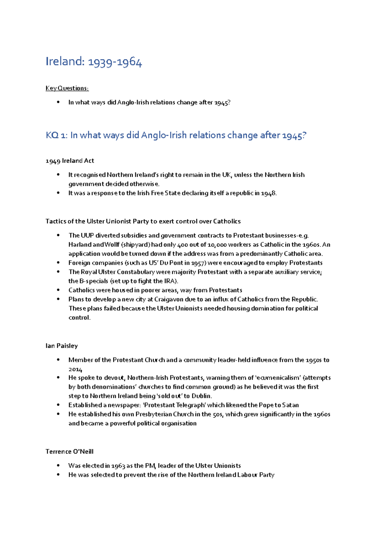 Ireland 1939 to 1964 - Ireland: 1939- Key Questions: In what ways did ...