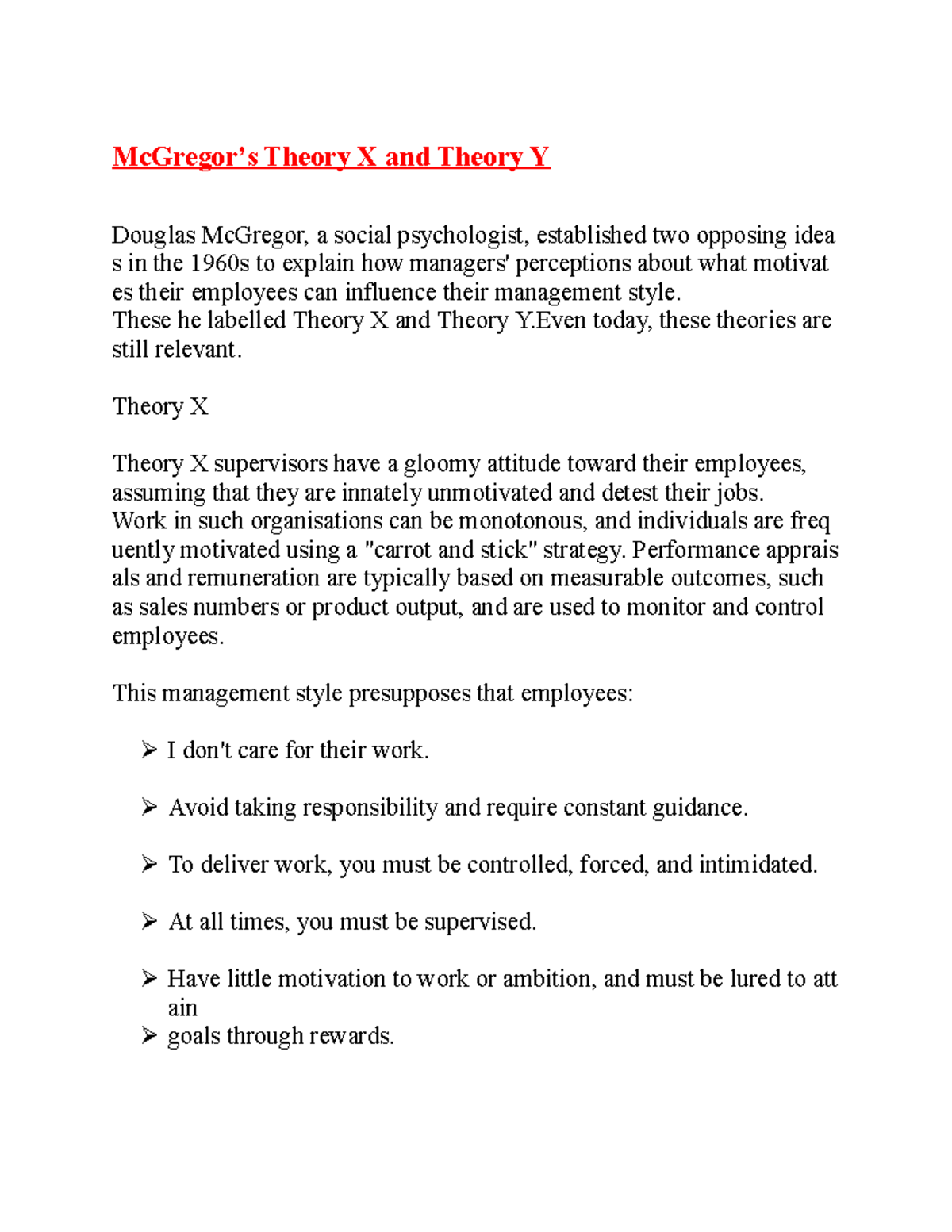 Mc Gregor Theory X and Y - McGregor’s Theory X and Theory Y Douglas ...