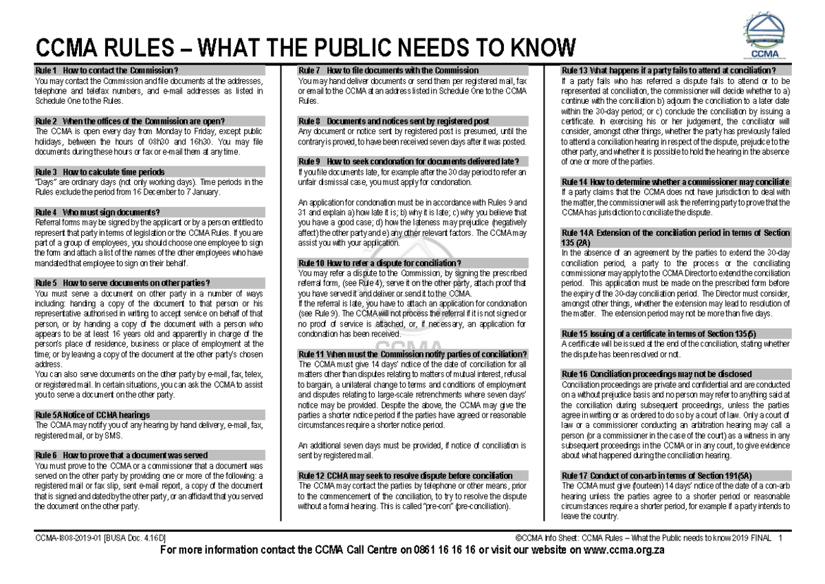 CCMA rules - CCMA-I808-2019-01 [BUSA Doc. 4] ©CCMA Info Sheet: CCMA ...