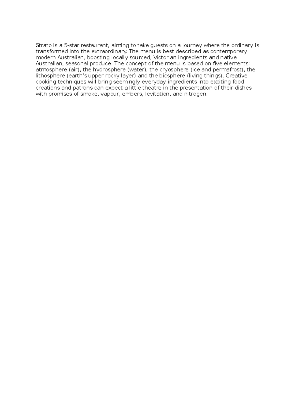 Strato Is A 5 Star Restaurant The Menu Is Best Described As