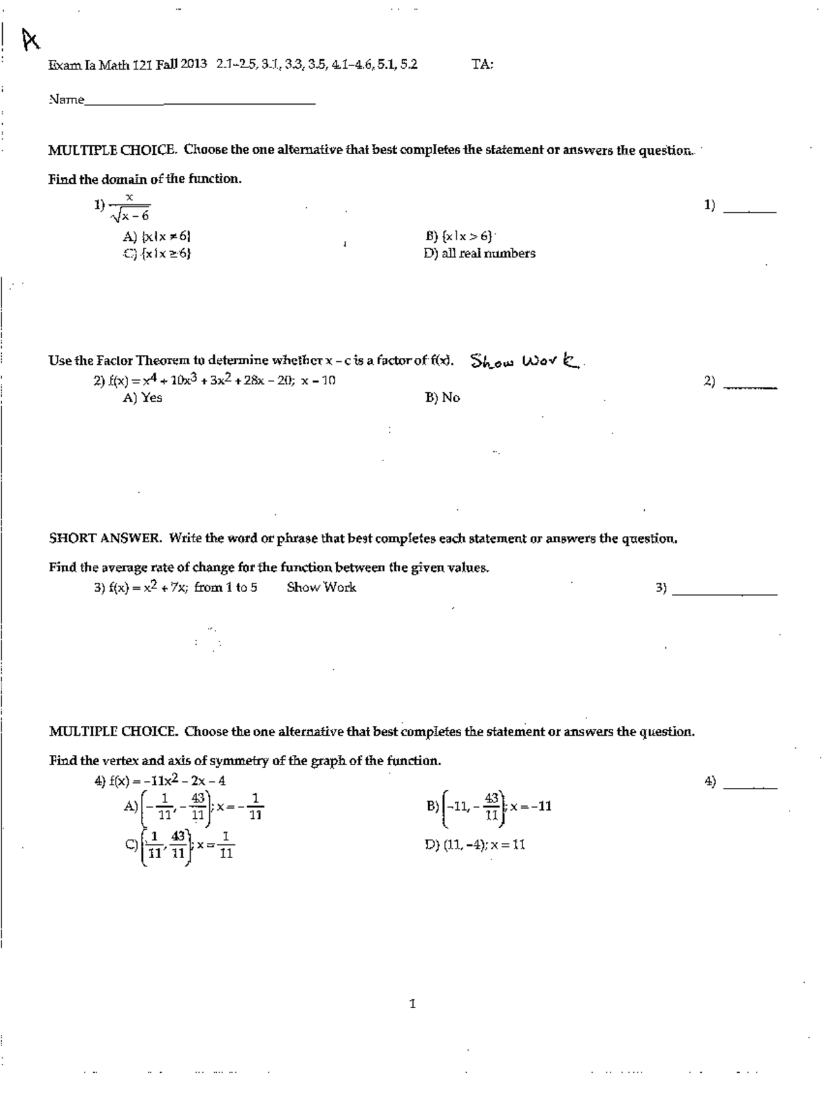 Math 121 chapter 2.1-5.2 A - Exam Ia Math 121 Fall 2013 3, 3, 3, 5, 5 ...
