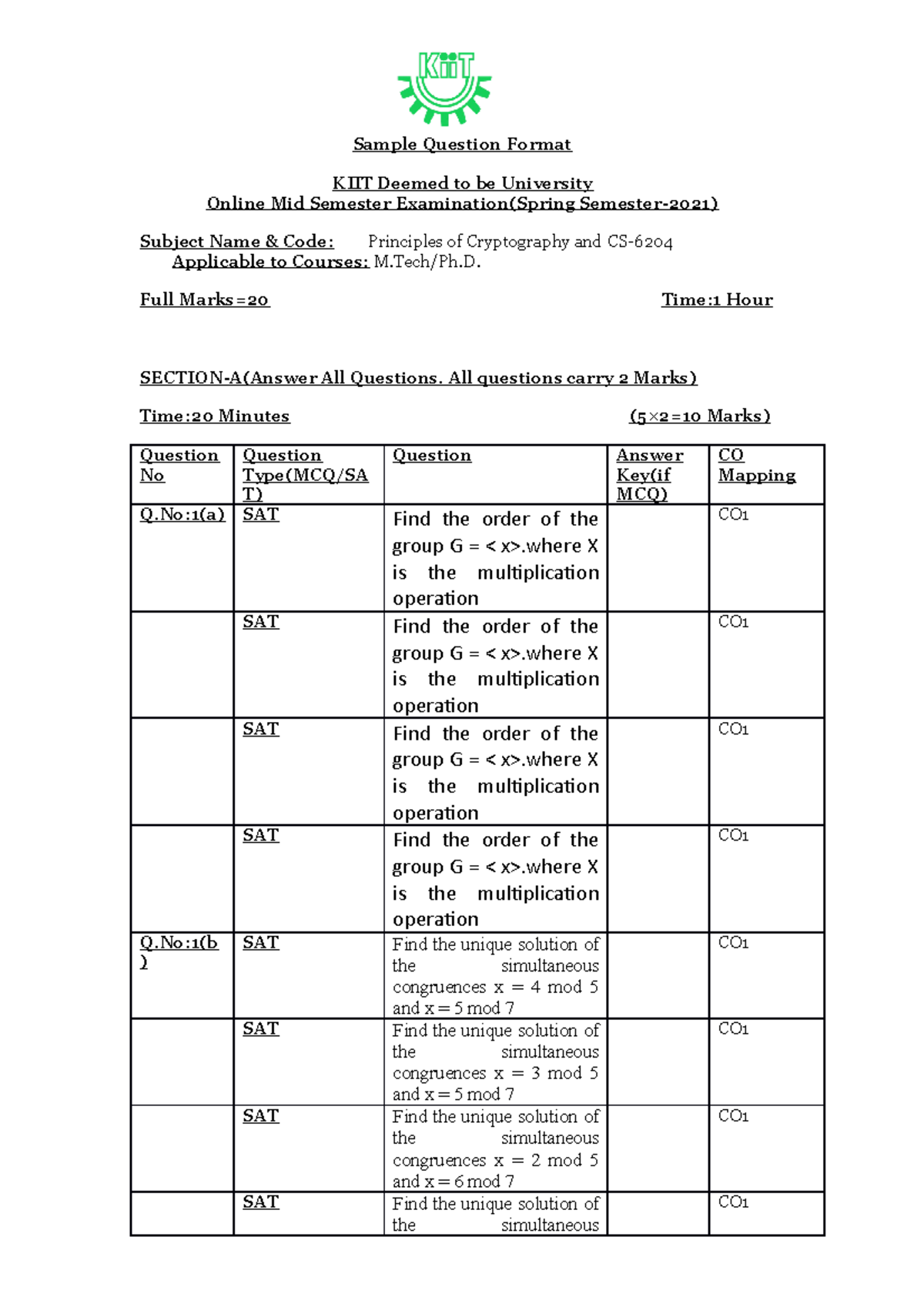 Sample Question Format PC Tanmoy - Sample Question Format KIIT Deemed ...