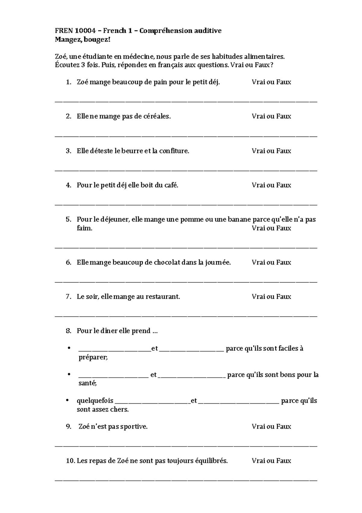 French 1 practice questions - **FREN 10004 – French 1 – Compréhension ...