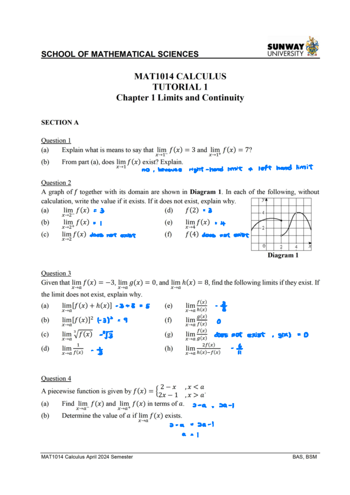 Limits and Continuity - no , because right-hand limit I left hand limit = 3 = 3 = / = H does not ...