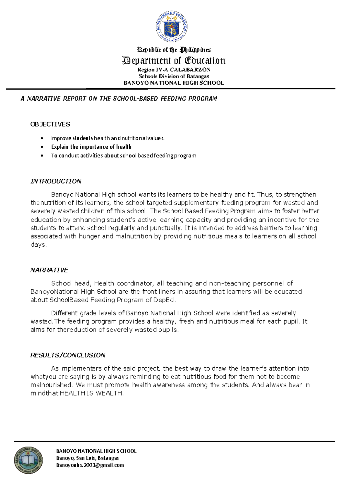 SBFP Narrative - Republic of the Philippines Department of Education ...