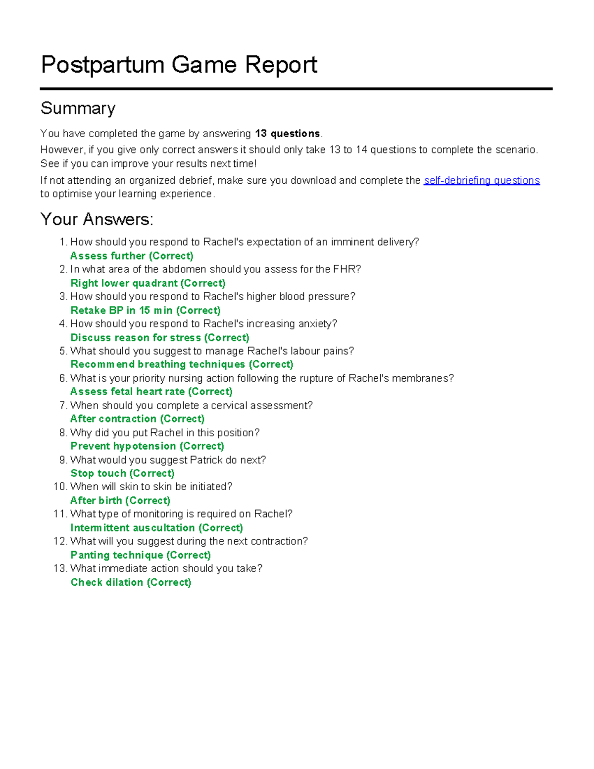 Labour and delivery game report OB - Postpartum Game Report Summary You ...