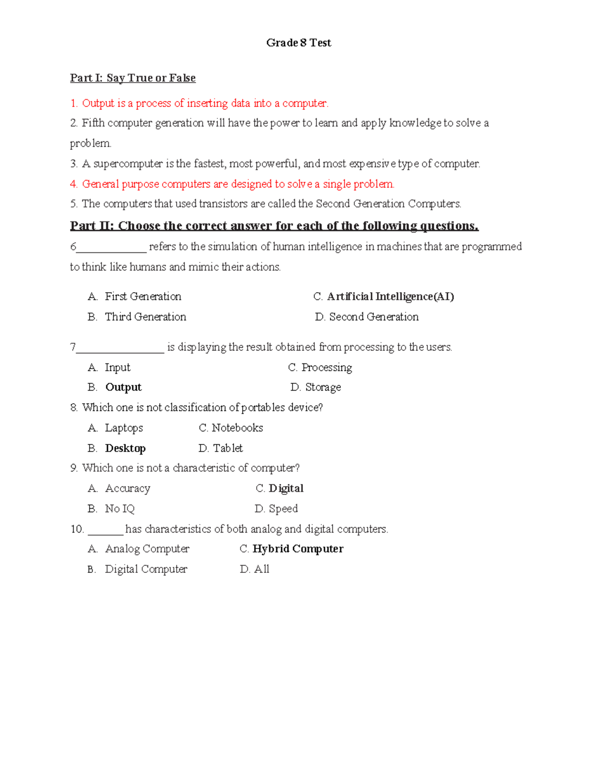 Grade 8 Test 1 - Good - Grade 8 Test Part I: Say True or False 1 ...