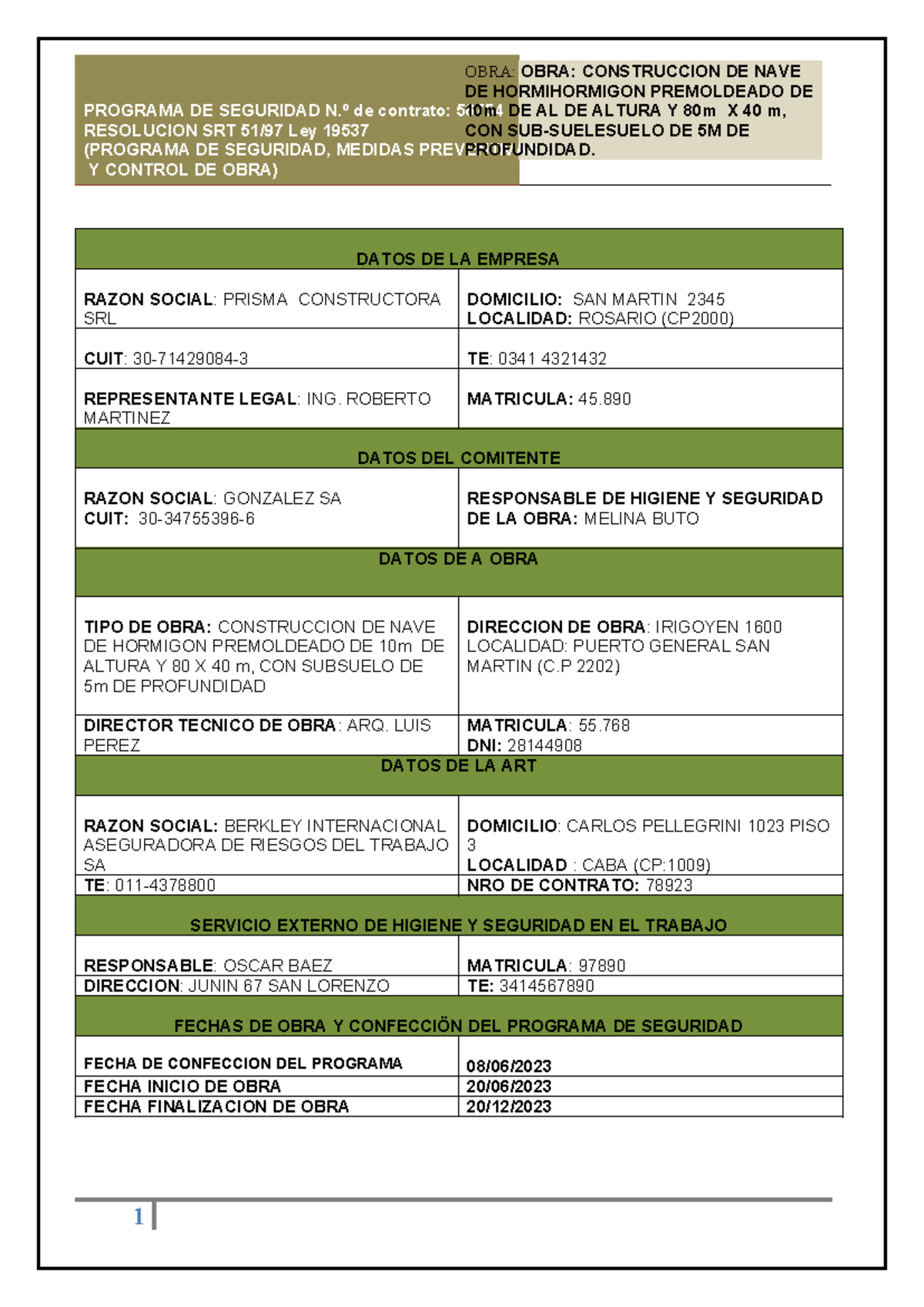 Permiso - PROGRAMA DE SEGURIDAD N.º de contrato: 56754 RESOLUCION SRT ...