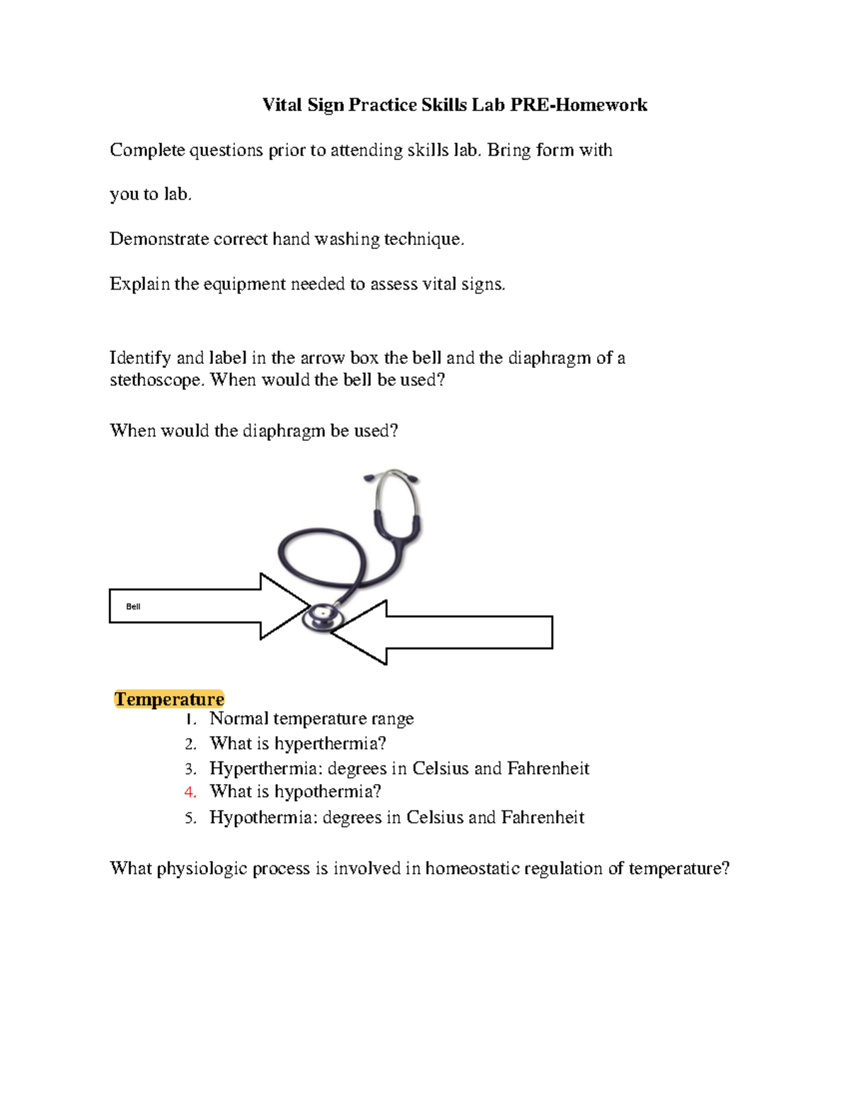 NUR 101-Skill 6 (VS Pre-Homework Assignment) - Vital Sign Practice ...